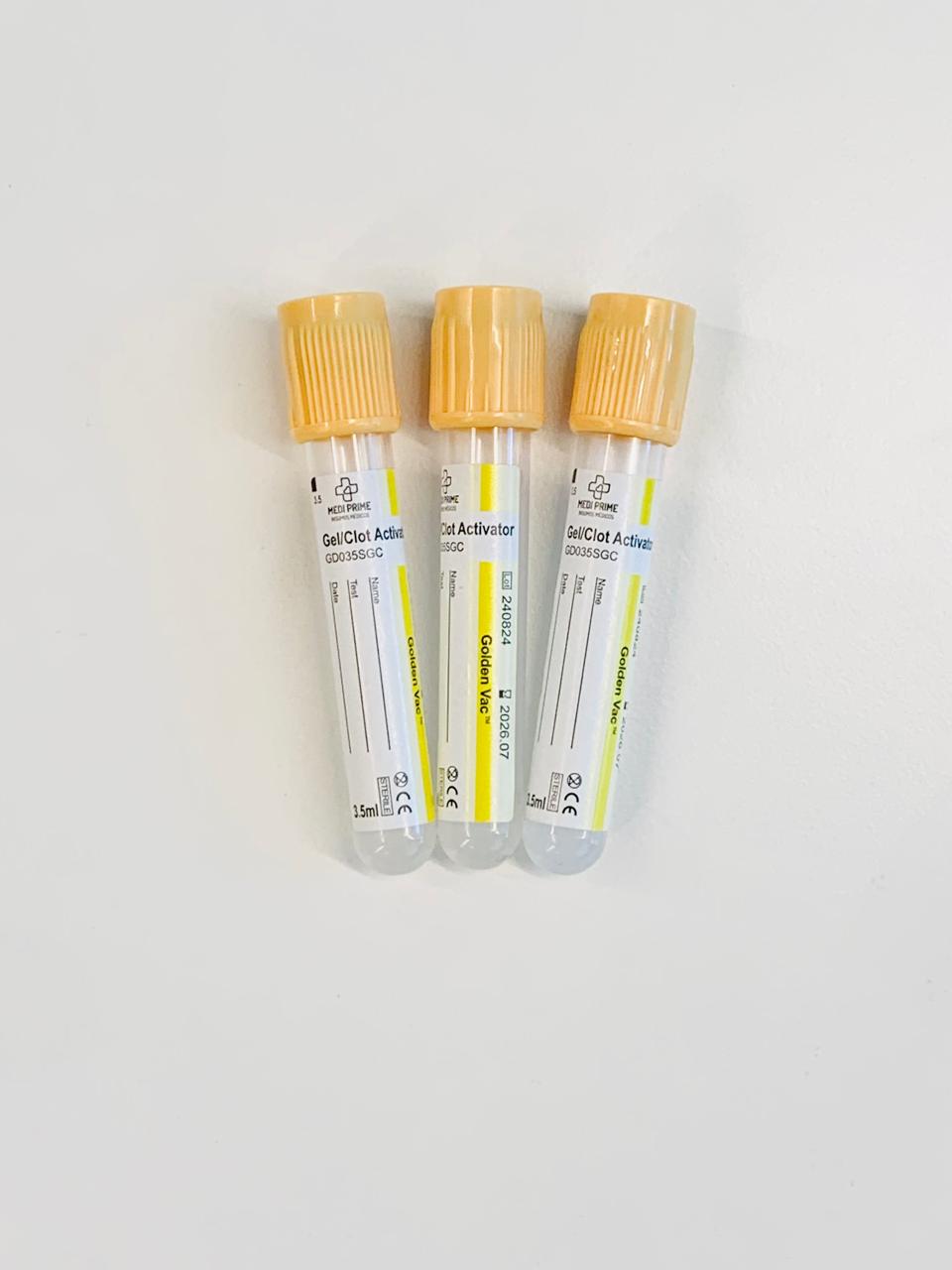 Tubo al vacio, Tapa Amarilla (Gel/ Clot Activador) 3,5ML (13X75MM) X 100 unidades - MediPrime